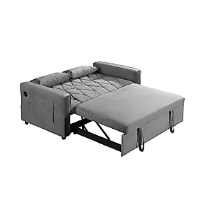 Convertible Sofa Bed Twin Size, 3 in 1 Sleeper Loveseat with Pull-Out Bed, Upholstered Velvet Futon Couch Bed with USB Port and Side Pocket, Hide Sleep Sofa for Small Spaces, Grey, Rhombic Pattern