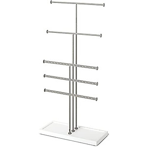 Umbra Trigem Tiered Tabletop Jewelry Organizer Freestanding Hanging Necklace, Earring and Bracelet Display, 5, White/Nickel