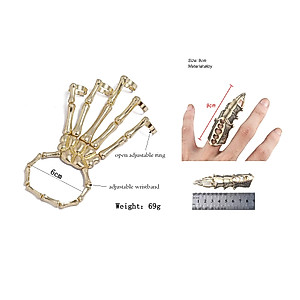 2Pcs Punk Halloween Adhere Hand Back Palm Skeleton Bracelets with Ring Gothic Wristband Skull Bone Joint Finger Cover for Women Funny Cosplay Party Goth Jewelry-A silver