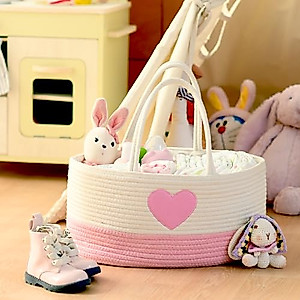 INough Baby Diaper Caddy, Changing Basket for Girls Caddy Organizer with Handle Diaper Organizer for Nursery Pink Cotton Rope Basket Baby Girl Newborn Essentials, Car Storage Organizer