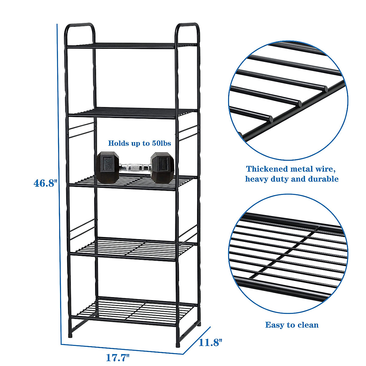 GEORIS 5- Tier Heavy Duty Wire Shelving Storage Rack | Modern Bathroom Shelf | Stackable Plant Standing Shelf Unit | Perfect for Kitchen, Living Room, Balcony | Black