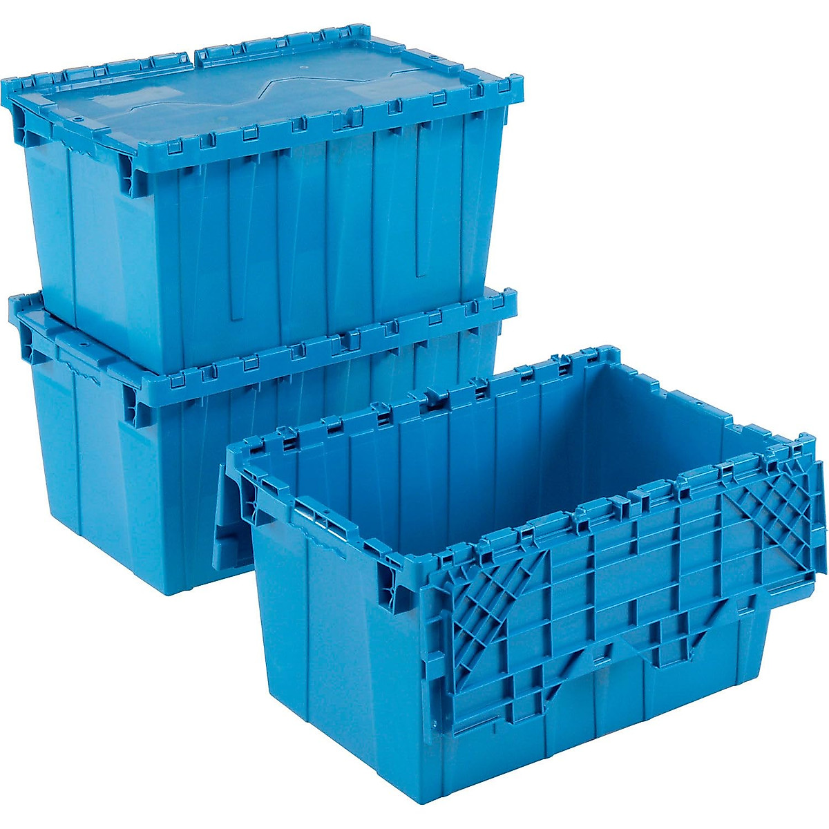 Plastic Attached Lid Shipping & Storage Container, 25-1/4x16-1/4x13-3/4, Blue