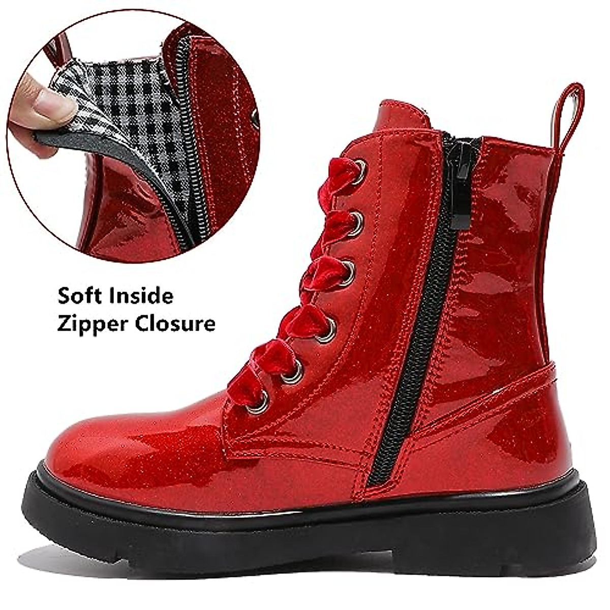 DADAWEN Boys Girls Glitter Ankle Boots Lace Up Waterproof Combat Shoes With Side Zipper for Toddler/Little Kid/Big Kid Red Glitter US Size 3 M Big Kid