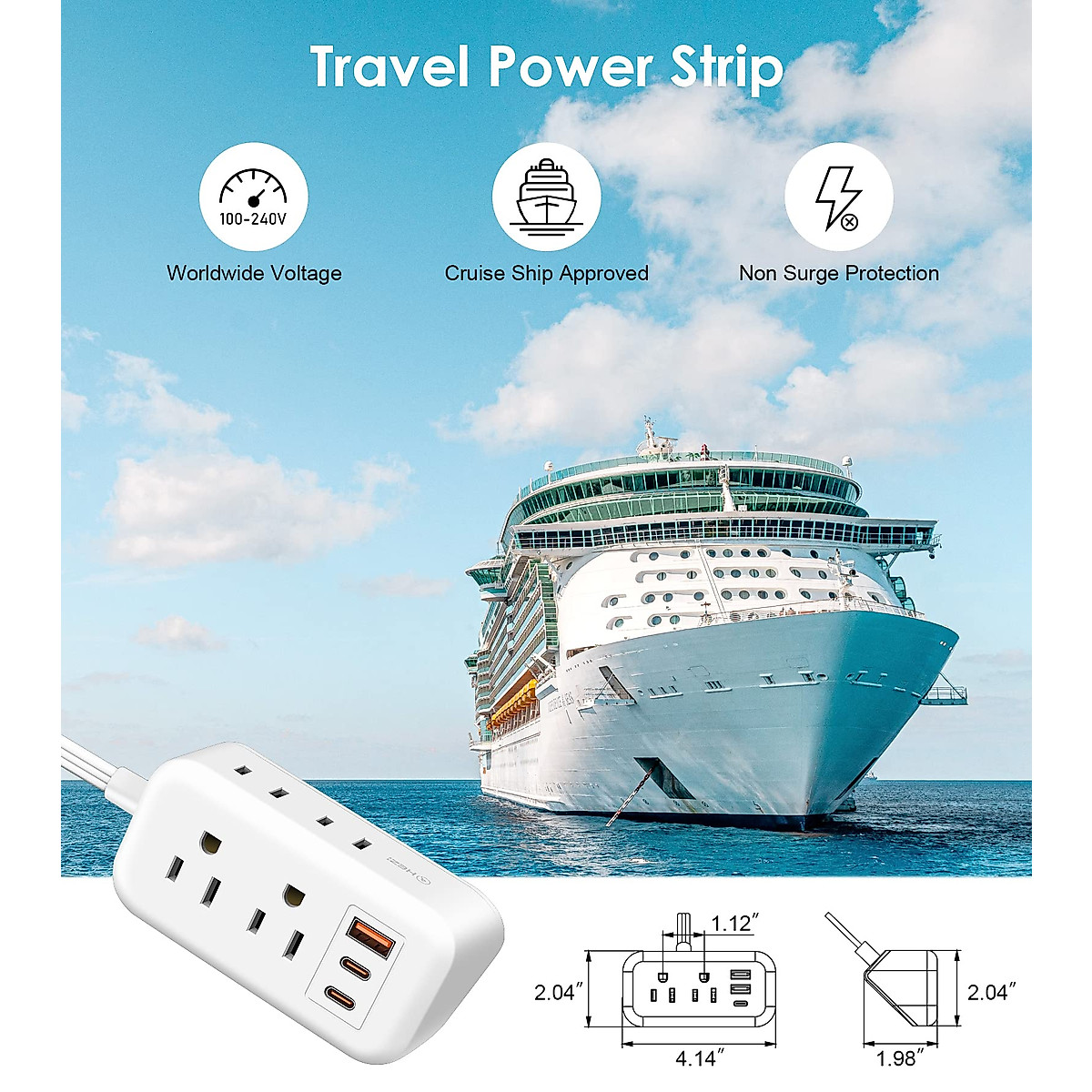30W Power Strip USB C,5ft Black Extension Cord with USB C Ports, Small Portable Power Strip for Travel Home, Flat Plug 4 Outlet 3 USB Ports PD Fast Charging Cruise Power Strip Cruise Approved
