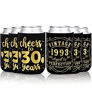 Cheers to 30 Years Can Sleeves Vintage 1993 30th Birthday Party Decorations for Men Supplies Can Cover Sleeves Black and Gold Neoprene Sleeves for Soda Can Beverage Set of 12