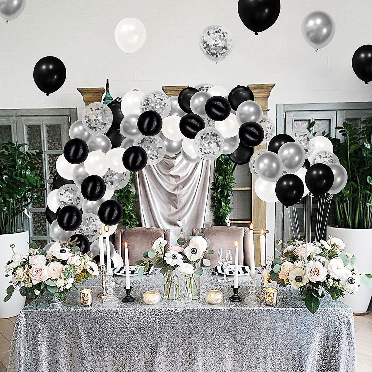Tuoyi 100pcs Chrome Metallic Balloons,12 Inch Black White and Silver Balloons, Confetti Balloons for Wedding Engagement Black Party Decorations, Birthday Balloons