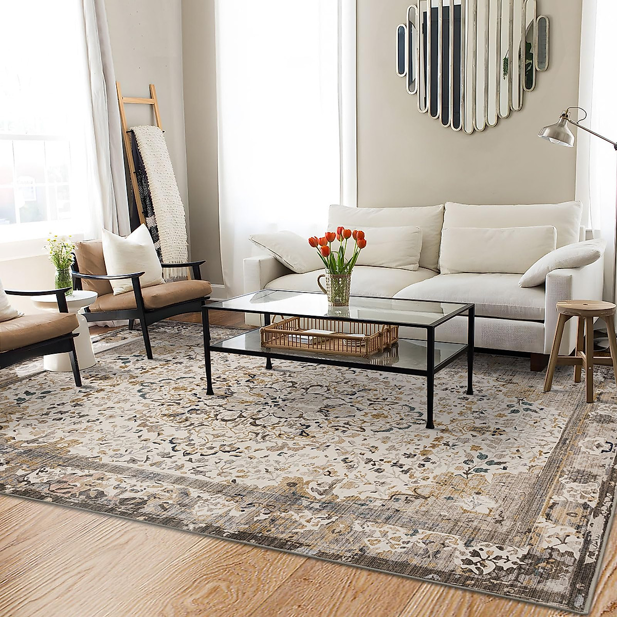 Rineflo-5'x7' Area Rugs,Machine Washable Rug for Living Room Dinner Room Bedroom,Bohemian Style Soft Non Slip Rug Carpet,Oriental Vintage Low Pile Large Area Rug (Brown, 5'x7')