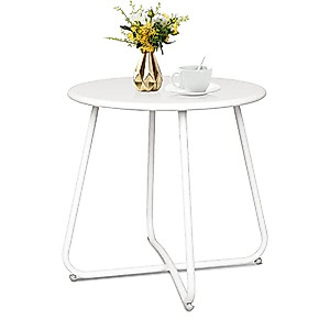 Babion Patio Side Table, Outdoor Side Table, White Small Round End Table, Weather Resistant Steel Outdoor Table for Patio Yard Garden Balcony, Waterproof Metal Side Table