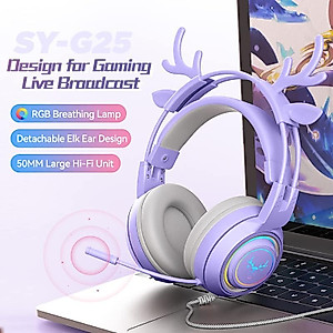 Atrasee Stereo Gaming Headset for PS4 PC Xbox One PS5 Controller, Noise Cancelling Over Ear Headphones with Mic, LED Light, Bass Surround, Soft Memory Earmuffs for Laptop Mac Nintendo (Purple Antlers)