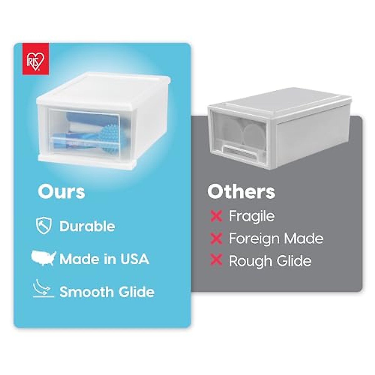 IRIS USA 7 Qt. Plastic Stackable Storage Drawers, Small, 4 Pack, Multi-Purpose Bins for Bedroom, Bathroom, Closet, Craft Room, Garage, Kids Room, Office, Pantry, Under Sink, White