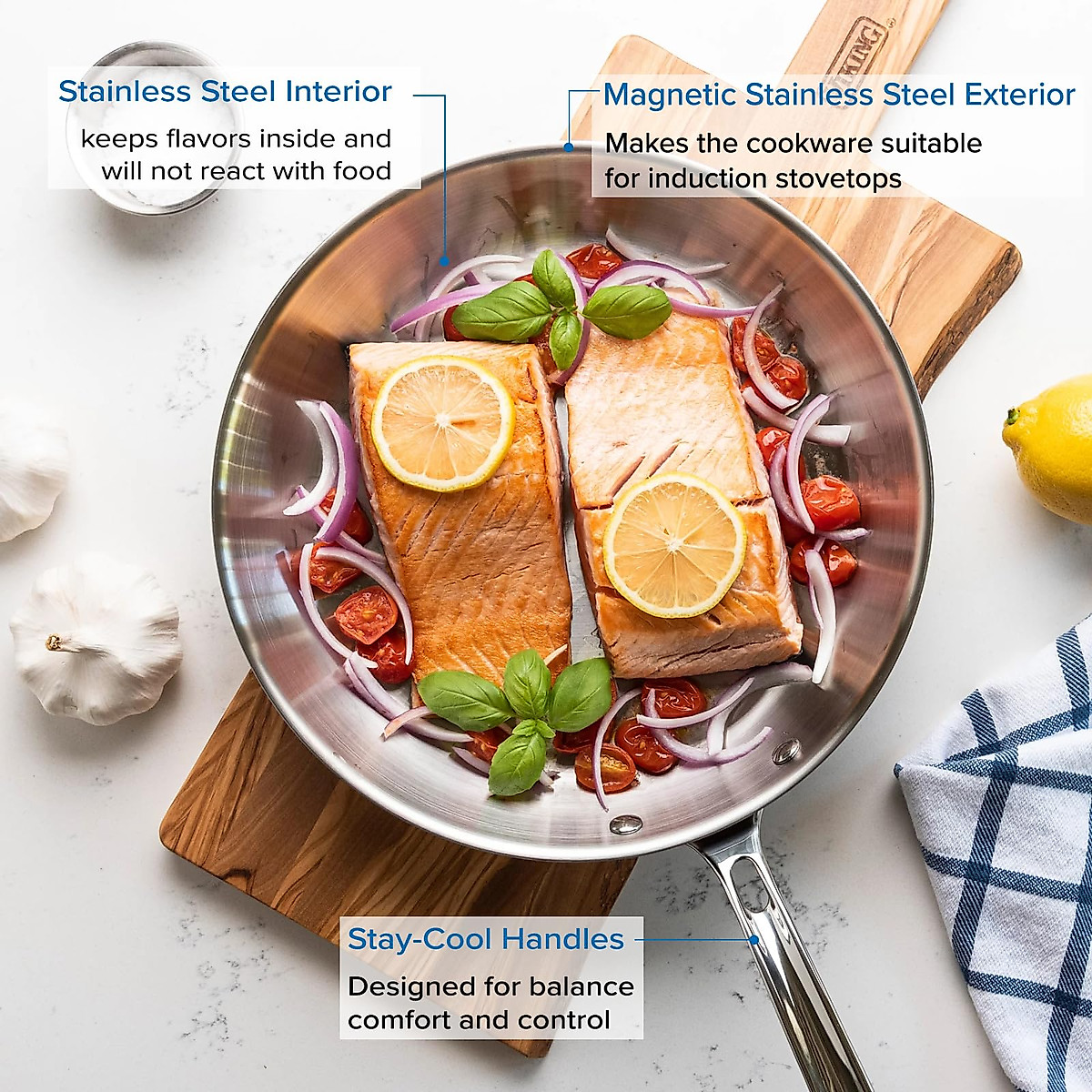 VIKING Culinary Professional 5-Ply Stainless Steel Fry Pan, 12 Inch, Includes Lid, Dishwasher, Oven Safe, Works on All Cooktops including Induction, Satin Finish