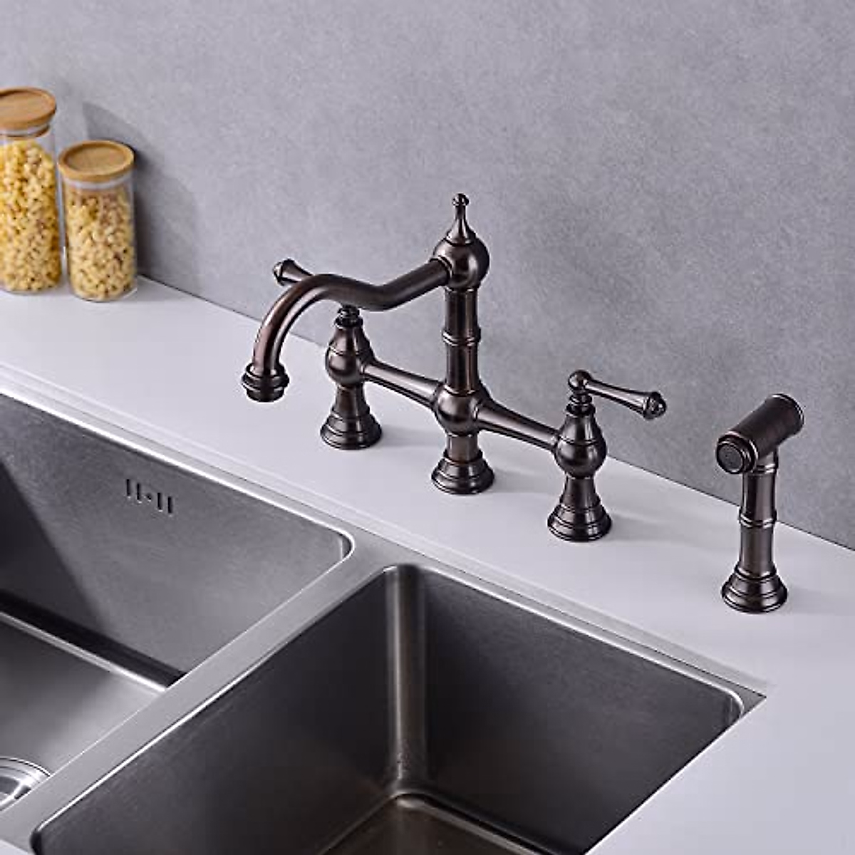 Cesicia Oil Rubbed Bronze Kitchen Faucet with Side Sprayer, 4 Hole Brass Kitchen Faucets for Sink, 2 Handle Centerset Bridge Faucet Vintage Farmhouse Copper Kitchen Sink Faucets