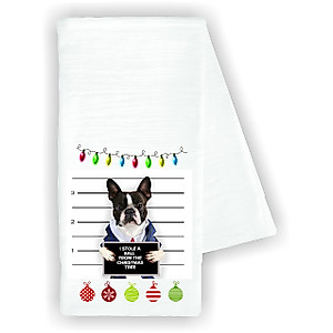 Kitchen dish towel I stole a ball from the Christmas Tree Boston Terrier dog pet funny cute Kitchen Decor drying cloth…100% COTTON