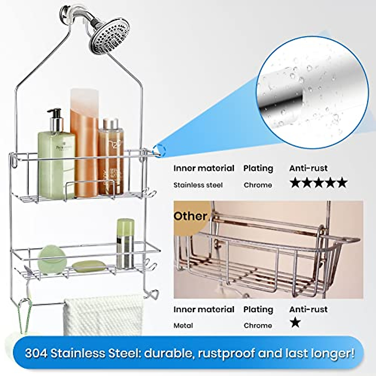 Shower Caddy over Shower Head Hanging Shower Organizer Rust Proof with 10 Razor Hooks Bathroom Shampoo Holder with Towel Rack Shower Storage Shelf-Chrome-Stainless Steel