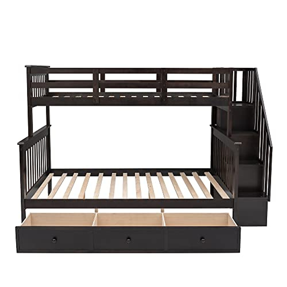 MERITLINE Twin Over Full Bunk Bed with Stairs, Wood Bunk Bed Frame with Storage Drawers and Shelves, No Box Spring Needed (Espresso)