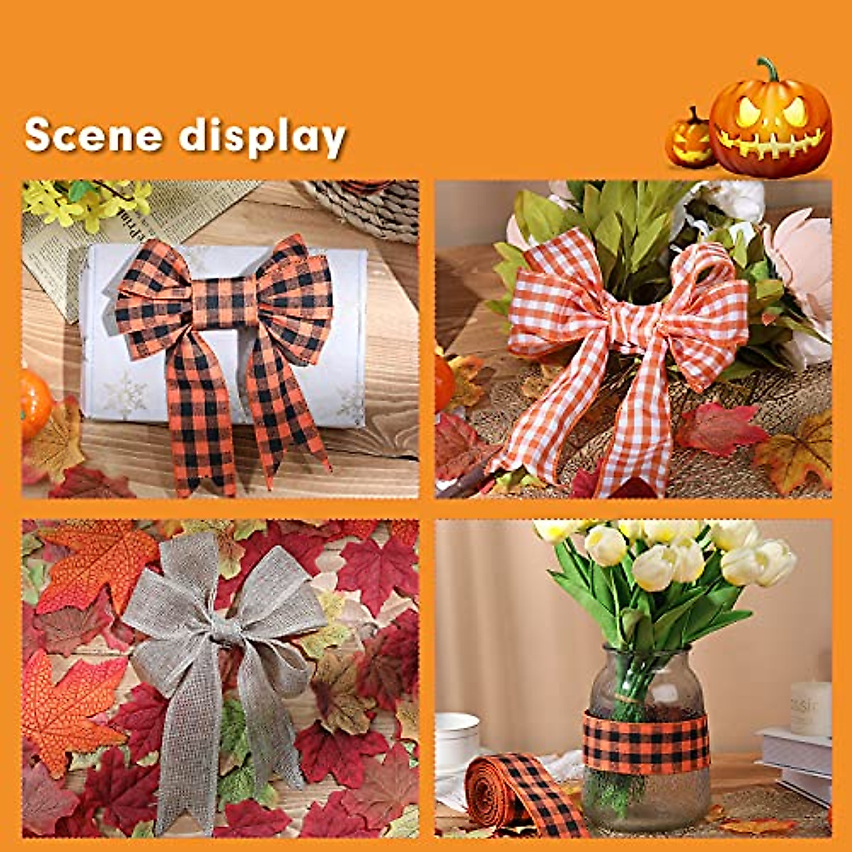 8 Rolls 32 Yards Fall Theme Ribbon Thanksgiving Wired Edge Ribbon Wrapping Ribbon Roll Autumn Decorative Ribbon for Autumn Harvest Thanksgiving Wreath Decoration (Buffalo Plaid Pattern)