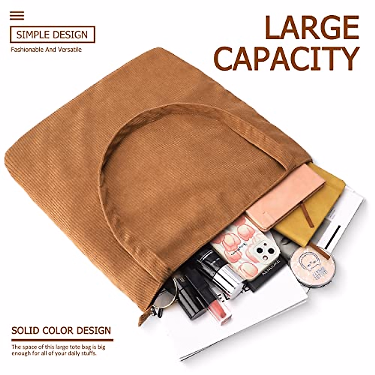 EIMMBD Corduroy Tote Bag for Women - Women's Tote Handbags Shoulder Bag Tote Bag with Pockets for School Office Shopping Travel Work (Brown)