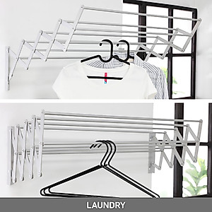 SOH DESIGN Wall Mount Clothes Drying Rack, Aluminum 8 Rods Expandable Wall Drying Rack for Laundry, Bathroom, Balcony, Indoor-Outdoor Use, 24 in wide