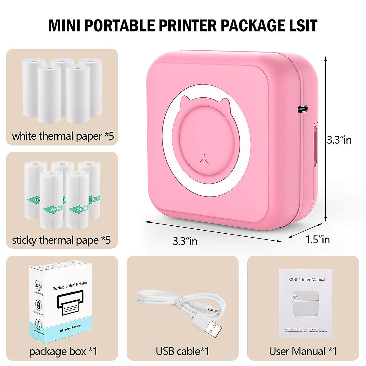 HUIJUTCHEN Inkless Mini Thermal Pocket Printer, Wireless Mini Sticker Printer with 10 Rolls Thermal Paper for iOS&Android, Portable Mini Photo Printer for Notes Journal Memo Photo Study, Pink