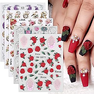 JMEOWIO 3D Spring Embossed Flower Nail Art Stickers Decals Self-Adhesive Pegatinas Uñas 5D Floral Nail Supplies Nail Art Design Decoration Accessories 5 Sheets