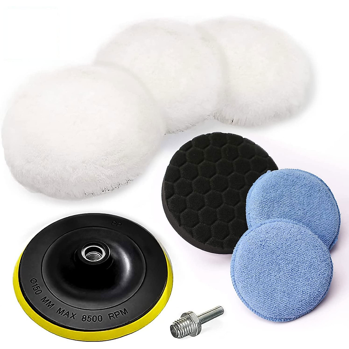 BOKA 6 Inch Buffing Pads, 8 PCS Polishing Pad Attachment for Drill, Wool Car Buffer Wheel for Drill with M14 Drill Adapter, 3 × Buffing Pad 6", 1 × Sponge Polishing Pad, 2 × Wax Applicator