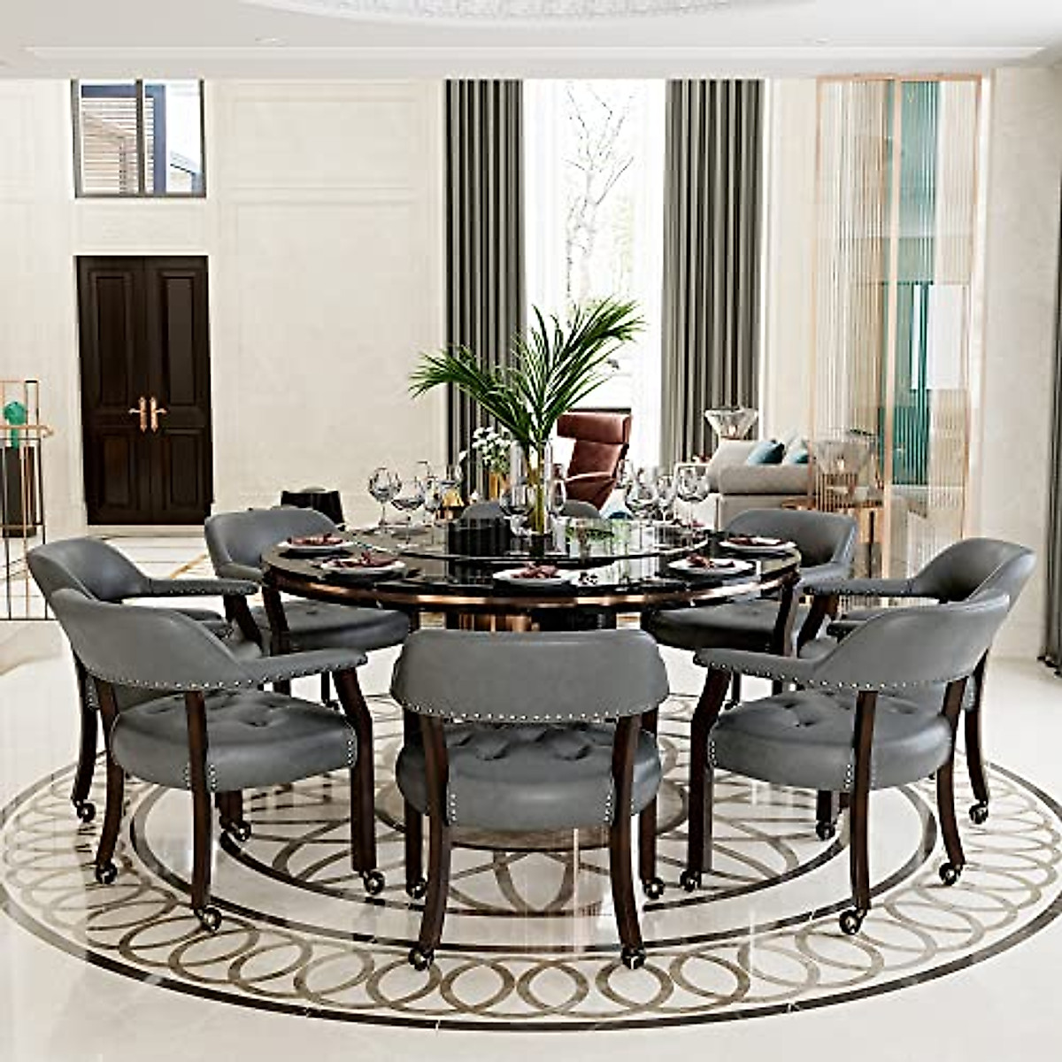 LEEMTORIG Dining Chairs with Casters and Arms, Faux Leather Accent Kitchen Table Chairs with Wheels, Roller Poker Table Chair, Wooden Captains Chair, Espresso Legs & Light Grey, XXY-1910-DG