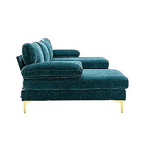 U Shape Sectional Sofa Couch, Modern 110'' Convertible Sectional Sofa, Upholstered Chenille Fabric 4-Seat Couch Sofa Bed with Golden Metal Legs for Living Room, Apartment, Office, Teal Blue