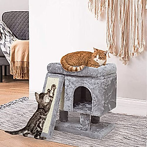 SYANDLVY Small Cat Tree for Indoor Cats, Modern Cat Activity Tower with Plush Perch, Kittens Condo with Scratching Post and Board, Cat Cave (Light Grey)