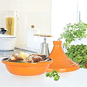 Cast Iron Moroccan Tagine with Gloves Enameled Base and Cone-Shaped Lid Slow Cooker Tagine Pot Non-Stick Pot Without Lead Cooking Pot Good for Baking and Frying, Oven and Dishwasher Safe (A,Red)