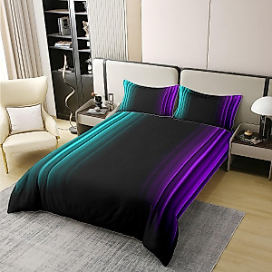 Feelyou Abstract Ombre Bedding 100% Cotton Duvet Cover Set King(No Comforter) Teal and Purple Bedding Set for Kids Boys Girls Decor Stripes Comforter Cover Set Geometric Bedroom Modern Striped Art