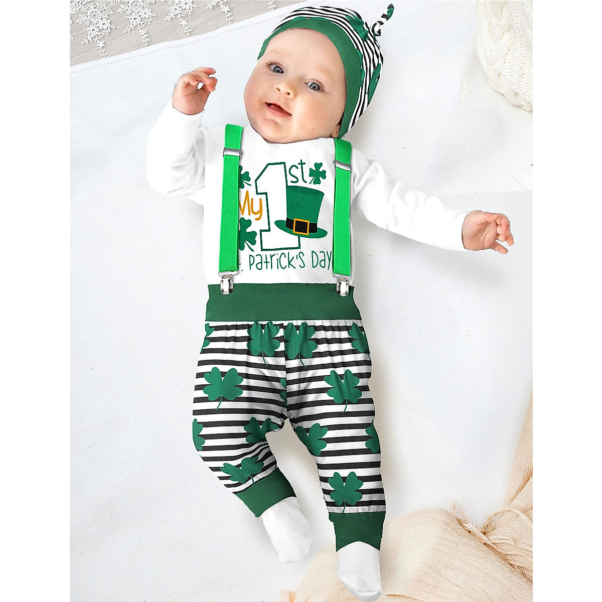 AGAPENG St Patricks Day Baby Boy Outfit Baby St Patricks Day Outfit Boy 3-6 Months Baby Boy St Patricks Day Outfit My First St Patricks Day 1st Romper Four Leaf Clover Suspenders Pants Stripe Hat