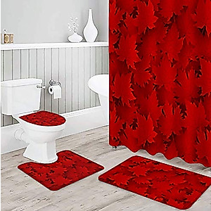 4 Pcs Shower Curtain Set with 12 Hooks Canada National Day Red Maple Leaves Bathroom Sets with Non-Slip Bath Mat Toilet Lid Cover Waterproof Durable Shower Curtain and Rugs