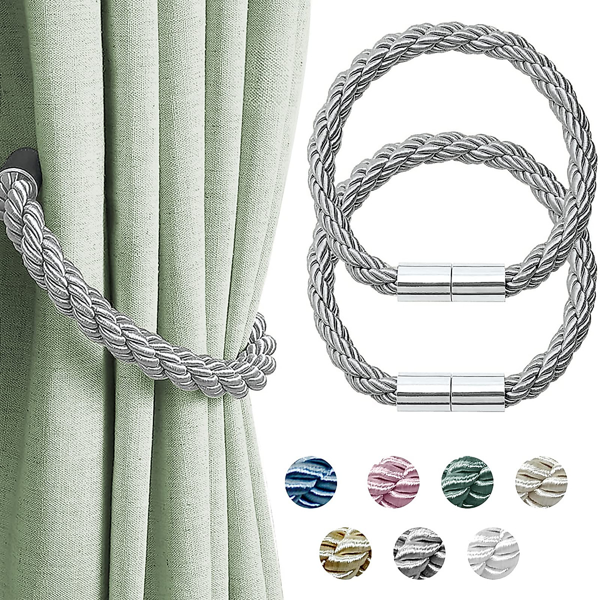 VIKIMORA 2 Pack Curtain Tiebacks for Draperys Gray, Strong Magnetic Curtain Tie Backs,Curtain Holders for Thick Drapes,Gray Cotton Rope Tie Backs for Heavy Duty Drapes,Gray