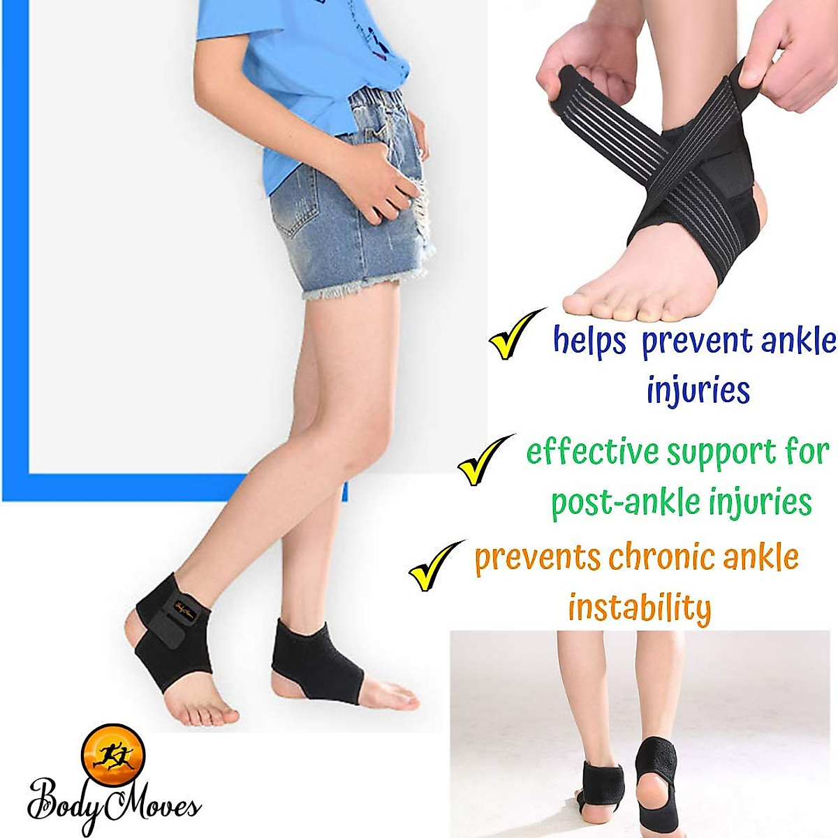 BodyMoves Kid's Ankle Brace Support Plus Hot and Cold Ice Pack (Sporty Black, Small for Little Kids (US 12-3))
