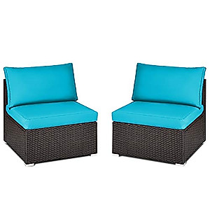 Tangkula 2 PCS Outdoor Wicker Armless Sofa, Patio Rattan Sectional Sofa Set w/2 Thick Seat Cushions and 2 Back Cushions, Additional Seats for Balcony Garden Patio Poolside (Turquoise)