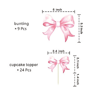 Pink Bow Garland+24Pcs Bow Cupcake Toppers,Bow Banner, Shower Decor,Pink Welcome Baby,Dessert Table Bunting,Coquette Theme Decorations,Double Sided