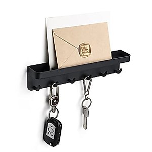 koroda Magnetic Key Holder for Wall: Self Adhesive Key Rack with Small Shelf and 6 Metal Hooks - Wall Mount Mail Organizer with Hanger for Door Entryway Hallway and Office ( Modern Black )
