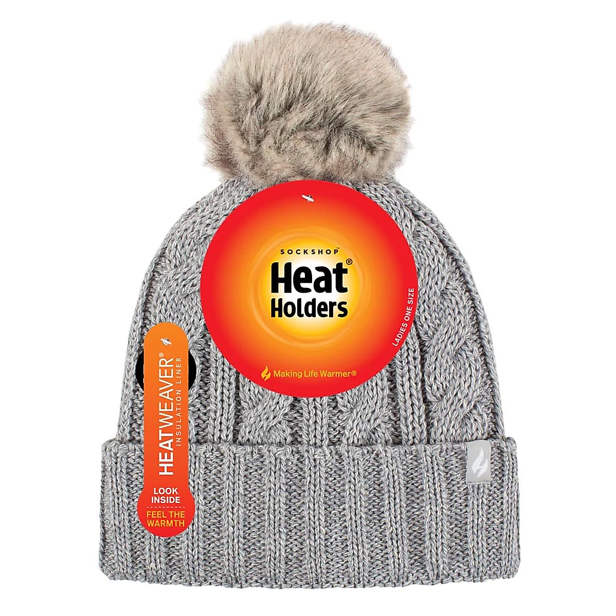 Heat Holders - Womens Thick Knit Thermal Winter Warm Beanie Hat with Pom Pom (One Size, Light Grey)