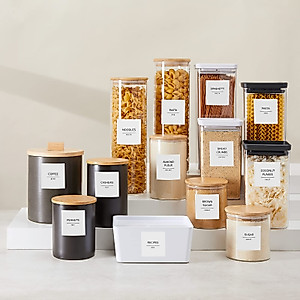 Talented Kitchen 144 Fine Line Pantry Organization Labels for Food Storage Containers, Preprinted Black All Caps on Matte White Vinyl Stickers + Numbers for Minimalist Kitchen (Water Resistant)