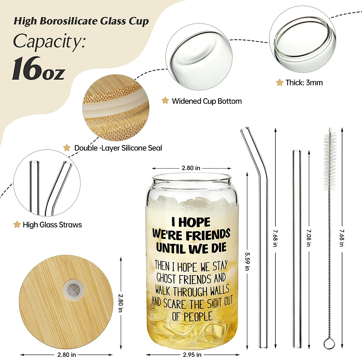 Gifts for Women Men, 16oz Drinking Glass Cup, Unique Friendship Gift for Best Friend BFF Bestie, Funny Personalized Birthday Christmas Valentines Mothers Day Present for Her Him Coworker Sister Female