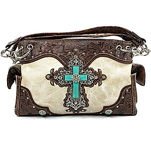 Zelris Turquoise Rhinestone Cross Western Women Conceal Carry Handbag Wallet Set (Beige)