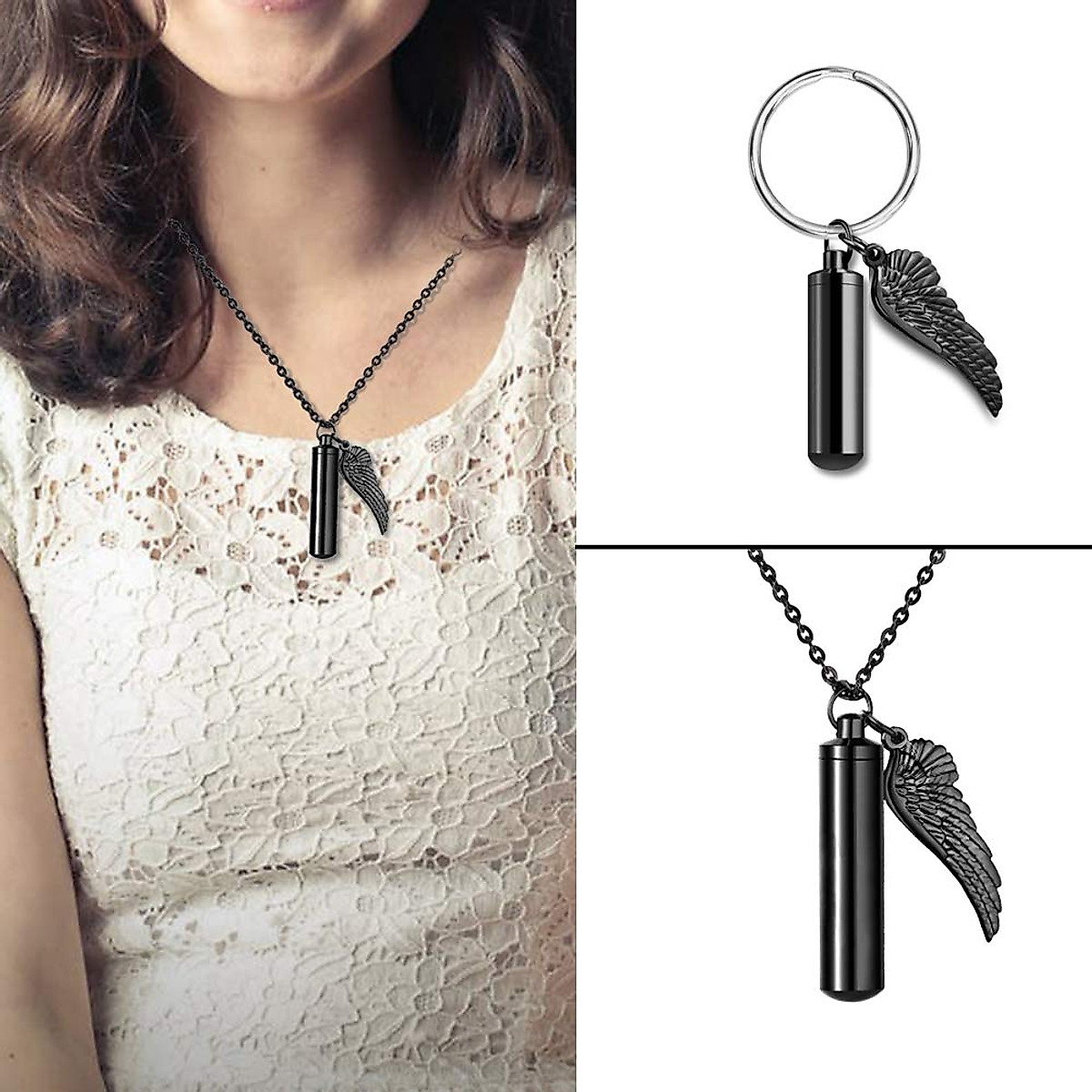 Dletay Cylinder Cremation Urn Necklace for Ashes Memorial Keepsake Pendant with Angel Wing Stainless Steel Remembrance Jewelry(Black)