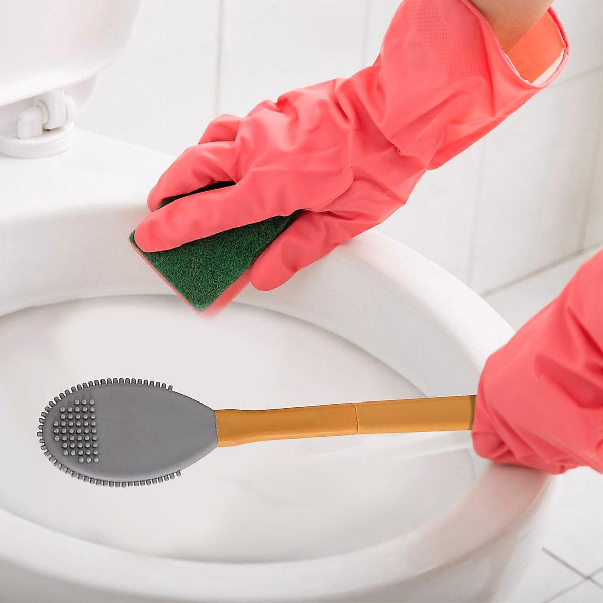 SBOJI Silicone Toilet Brush and Holder - Wall Toilet Wand Long Handle Toilet Cleaner Brush | Long Handle Silicone Toilet Bowl Brush Head with Soft Bristles for Wash Basin