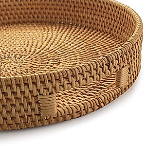 DECRAFTS Round Rattan Serving Tray Decorative Woven Ottoman Trays with Handles for Coffee Table Natural (Small 11.8 inch x 2.4 inch)