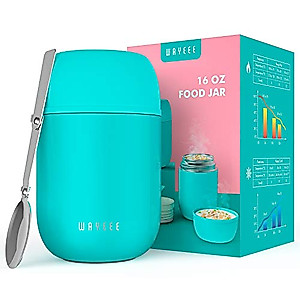 Insulated Food Jar WayEee Vacuum Bento Box Lunch Containers 16 oz for Kids Adults, Stainless Steel Leak Proof Wide Mouth Food Soup Thermos with Spoon Keeps Food Hot Cold for School Travel Picnic -Blue