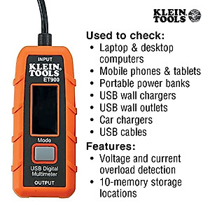 Klein Tools ET900 USB Power Meter, USB-A Digital Meter for Voltage, Current, Capacity, Energy Resistance
