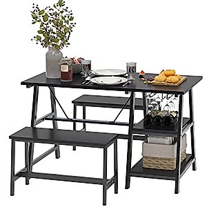 sogesfurniture 3-Piece Dining Room Table Set, Kitchen Table with Bench, Breakfast Table with Wine Rack and Glass Holder for Home, Kitchen, Dining Room (47.2", Black)