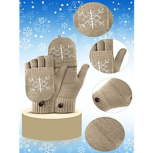 4 Pairs Women Knitted Winter Fingerless Gloves Thermal Convertible Knit Flip Wool Gloves Warm Half Finger Mittens for Women (White, Black, Gray, Khaki, Snowflake Style)