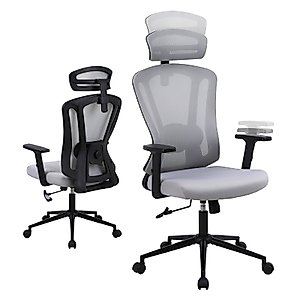 Ermnois Ergonomic Home Office Chair, High Back Desk Chair with Adjustable Lumbar Support, 2D Armrest and Headrest, Mesh Computer Gaming Chair with Tilt Function (1, Grey)