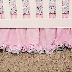 CribMATE 3 PCs Pink Embroidery Butterfly Nursery Crib Bedding Set Lace Trimmed Floral Butterfly Baby Girl Bedding Set Comforter Fitted Sheet Skirt Set